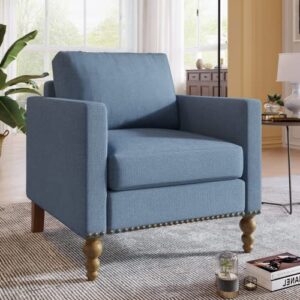 TAIGR Classic Linen Armchair Accent Chair with Bronze Nailhead Trim Wooden Legs Single Sofa Couch for Living Room, Bedroom, Balcony, Navy Blue