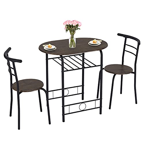 Kinfant 3 Piece Dining Table Set - Kitchen Breakfast Dining Table, Small Table and 2 Chairs w/Metal Frame and Storage Shelf for Home Kitchen Dining Room, Small Space, Brown