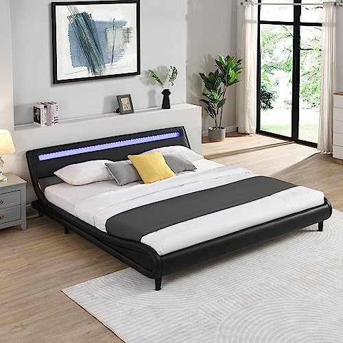 Prohon Bed Frames King Size with 4 Models LED Lights Headboard, Faux Leather Wave-Like Platform Beds, Modern Bedframes for Kids, Teen & Adults, Strong Wood Slats Support, Easy Assembly, Black