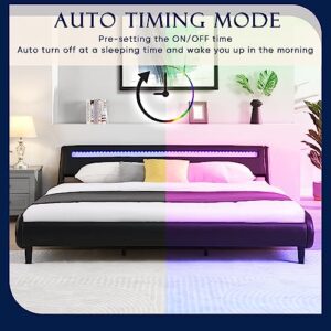 Prohon Bed Frames King Size with 4 Models LED Lights Headboard, Faux Leather Wave-Like Platform Beds, Modern Bedframes for Kids, Teen & Adults, Strong Wood Slats Support, Easy Assembly, Black