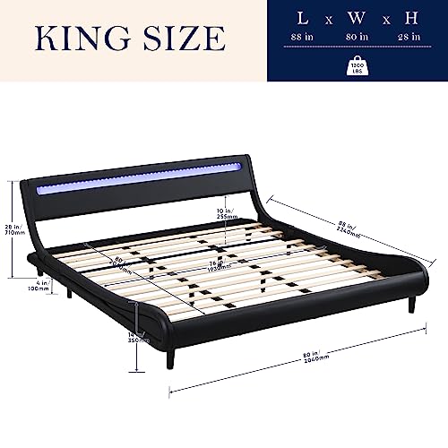 Prohon Bed Frames King Size with 4 Models LED Lights Headboard, Faux Leather Wave-Like Platform Beds, Modern Bedframes for Kids, Teen & Adults, Strong Wood Slats Support, Easy Assembly, Black