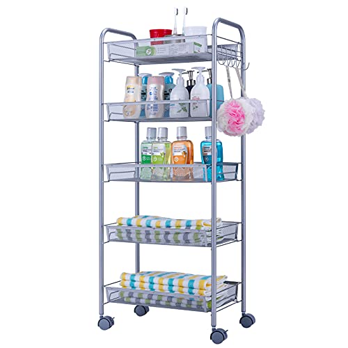 Honeycomb Mesh Style Three Layers Removable Storage Cart 5 Layers for Kitchen Bathroom Bedroom Silver Color