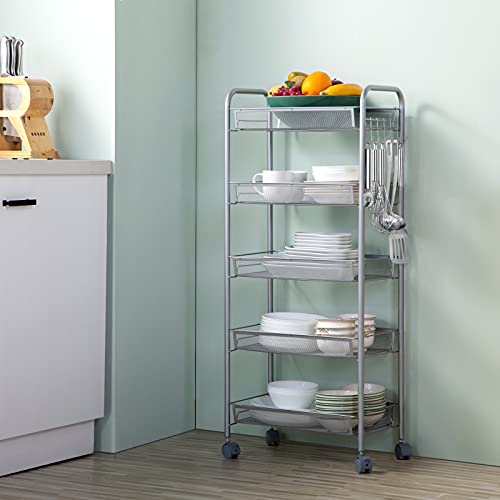 Honeycomb Mesh Style Three Layers Removable Storage Cart 5 Layers for Kitchen Bathroom Bedroom Silver Color