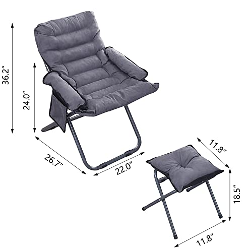 Living Room Lazy Chair with Ottoman & Armrest, Modern Comfy Folding Lounge Chair Reclining Sofa Leisure Chair Armchair with Footstool for Bedroom/Office/Hosting, Grey