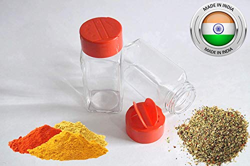 Salt & Pepper Glass Jar Spice Holder Dispensers Oregano and Chilli Flakes Dispenser Shaker Masala jar Spice Container Square 120ml Transparent (Set Of 6, Salt Jar 120ml)