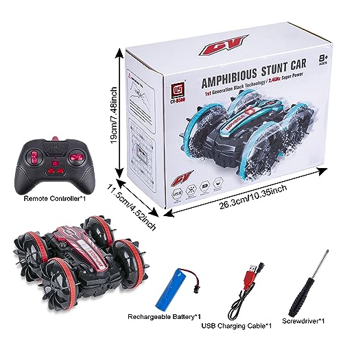 Berry President Amphibious RC Car, 2.4GHz Off-Road Stunt Truck, All Terrain 4WD Remote Control Toy, Land Water Vehicle with 360° Rotation for Kids (Red)