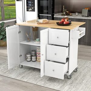 optough rolling mobile kitchen island with locking wheels,storage cabinet and drop leaf breakfast bar, kitchen cart for home w/spice rack,towel rack & drawer,white