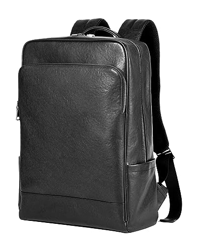 Men's 14 inch Laptop Backpack Multi-Pocket Genuine Leather Bookbag Casual Daypack for Commuter Work Business Travel (Black)