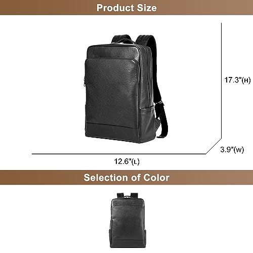 Men's 14 inch Laptop Backpack Multi-Pocket Genuine Leather Bookbag Casual Daypack for Commuter Work Business Travel (Black)