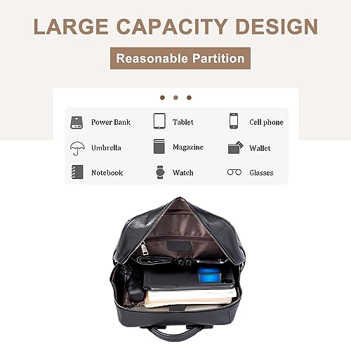 Men's 14 inch Laptop Backpack Multi-Pocket Genuine Leather Bookbag Casual Daypack for Commuter Work Business Travel (Black)