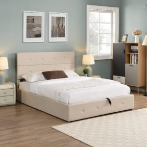 YuiHome Queen Bed with Storage Underneath, Upholstered Platform Bed with Lift Up Storage and Headboard, Wooden Bed Frame for Teens Adults, Beige