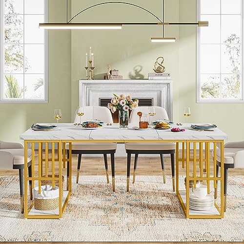 Tribesigns 70.9" Dining Table for 6-8, Long Modern Kitchen Table with Storage, Large Rectangular Dinner Table for Kitchen, Dining & Living Room, White Faux Marble Top & Gold Metal Frame, Easy Assembly