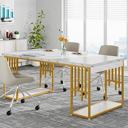 Tribesigns 70.9" Dining Table for 6-8, Long Modern Kitchen Table with Storage, Large Rectangular Dinner Table for Kitchen, Dining & Living Room, White Faux Marble Top & Gold Metal Frame, Easy Assembly