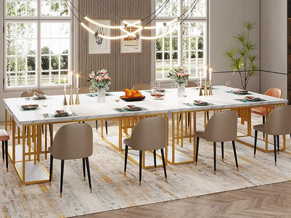 Tribesigns 70.9" Dining Table for 6-8, Long Modern Kitchen Table with Storage, Large Rectangular Dinner Table for Kitchen, Dining & Living Room, White Faux Marble Top & Gold Metal Frame, Easy Assembly