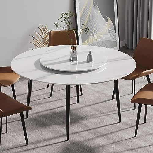 59" Modern Round Dining Table with 31.5" Detachable Lazy Susan, Sintered Stone Marble Dining Room Table with Metal Leg, Round Shape Restaurant Kitchen Table for 6-8 People, Table Only