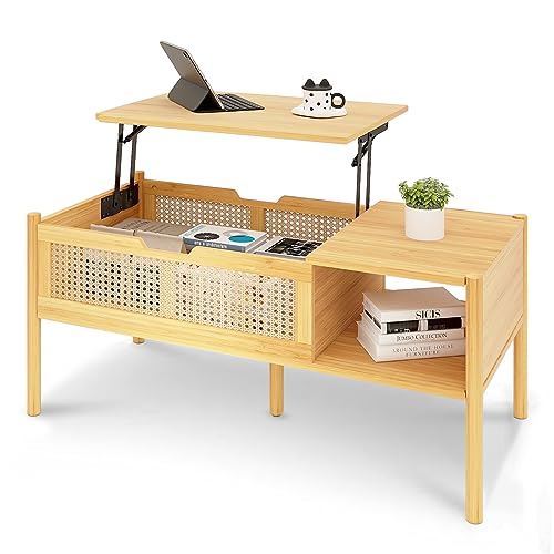 mixtavie Bamboo and Rattan Lifting Coffee Table, Coffee Table with Two Storage Spaces and Adjustable Storage Shelf, Lift Tabletop Dining Table for Office, Living Room