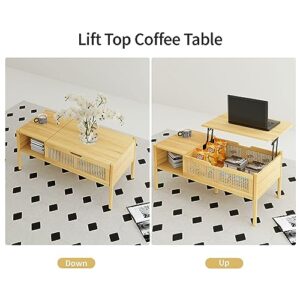 mixtavie Bamboo and Rattan Lifting Coffee Table, Coffee Table with Two Storage Spaces and Adjustable Storage Shelf, Lift Tabletop Dining Table for Office, Living Room