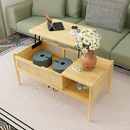 mixtavie Bamboo and Rattan Lifting Coffee Table, Coffee Table with Two Storage Spaces and Adjustable Storage Shelf, Lift Tabletop Dining Table for Office, Living Room