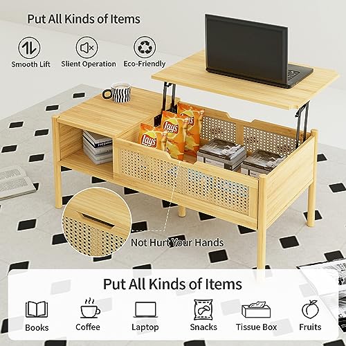 mixtavie Bamboo and Rattan Lifting Coffee Table, Coffee Table with Two Storage Spaces and Adjustable Storage Shelf, Lift Tabletop Dining Table for Office, Living Room