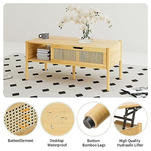 mixtavie Bamboo and Rattan Lifting Coffee Table, Coffee Table with Two Storage Spaces and Adjustable Storage Shelf, Lift Tabletop Dining Table for Office, Living Room