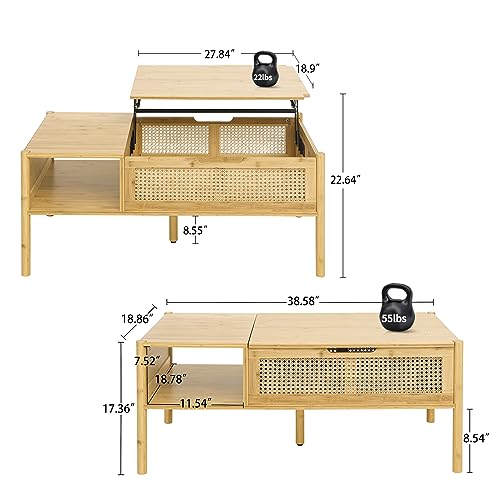 mixtavie Bamboo and Rattan Lifting Coffee Table, Coffee Table with Two Storage Spaces and Adjustable Storage Shelf, Lift Tabletop Dining Table for Office, Living Room