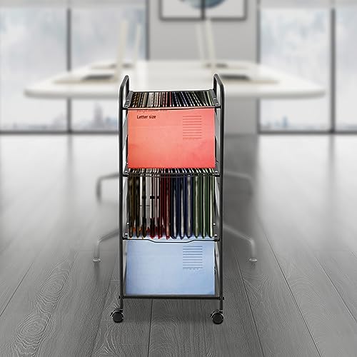 LOHISHILO 3 Tiers Metal Rolling File Carts with Wheels Hanging Files for Letter Size Movable Pull-Out File Folder Rack Drawer File Cabinet for Home, Office, Classrooms, Study Rooms