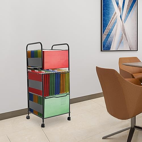 LOHISHILO 3 Tiers Metal Rolling File Carts with Wheels Hanging Files for Letter Size Movable Pull-Out File Folder Rack Drawer File Cabinet for Home, Office, Classrooms, Study Rooms