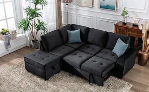 l-shaped corner sleeper sectional sofa w/ pull out cozy sleep couch bed, modern practical sectional & sofa with storage ottoman ,hidden arm storage and usb charge for home apartment living room sets