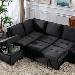 L-Shaped Corner Sleeper Sectional Sofa W/ Pull Out Cozy Sleep Couch Bed, Modern Practical Sectional & Sofa with Storage Ottoman ,Hidden Arm Storage and USB Charge for Home Apartment Living Room Sets