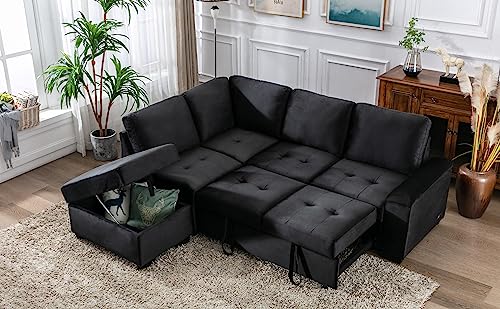 L-Shaped Corner Sleeper Sectional Sofa W/ Pull Out Cozy Sleep Couch Bed, Modern Practical Sectional & Sofa with Storage Ottoman ,Hidden Arm Storage and USB Charge for Home Apartment Living Room Sets