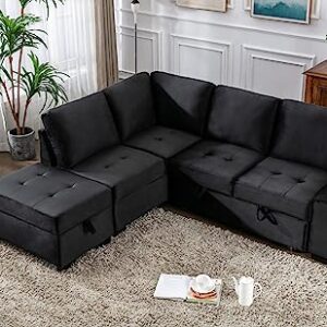 L-Shaped Corner Sleeper Sectional Sofa W/ Pull Out Cozy Sleep Couch Bed, Modern Practical Sectional & Sofa with Storage Ottoman ,Hidden Arm Storage and USB Charge for Home Apartment Living Room Sets