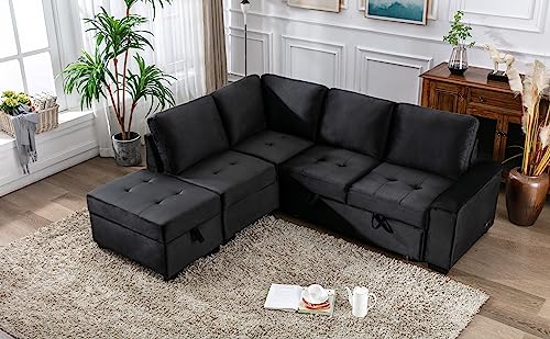 L-Shaped Corner Sleeper Sectional Sofa W/ Pull Out Cozy Sleep Couch Bed, Modern Practical Sectional & Sofa with Storage Ottoman ,Hidden Arm Storage and USB Charge for Home Apartment Living Room Sets