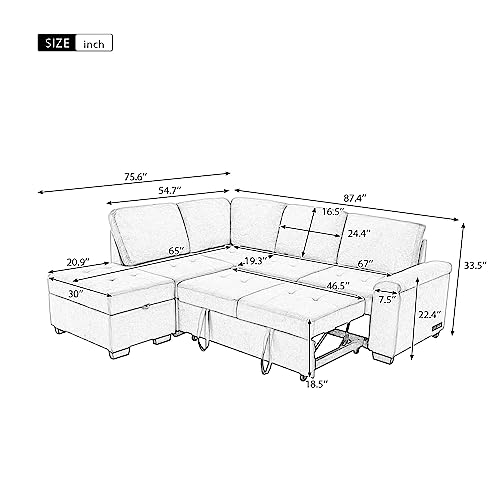 L-Shaped Corner Sleeper Sectional Sofa W/ Pull Out Cozy Sleep Couch Bed, Modern Practical Sectional & Sofa with Storage Ottoman ,Hidden Arm Storage and USB Charge for Home Apartment Living Room Sets