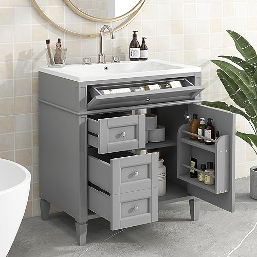 Virubi 30" Bathroom Vanity with Single Sink Combo, Modern Undermount Bathroom Sink Cabinet with 2 Drawers and a Tip-Out Drawer, Freestanding Bathroom Vanities （Grey）