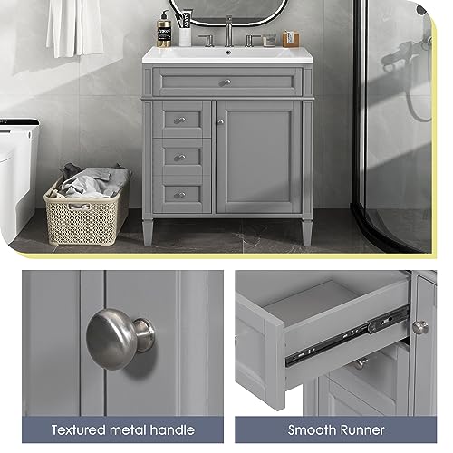 Virubi 30" Bathroom Vanity with Single Sink Combo, Modern Undermount Bathroom Sink Cabinet with 2 Drawers and a Tip-Out Drawer, Freestanding Bathroom Vanities （Grey）