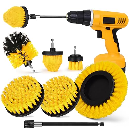 Drill Brush Attachment Set, 6Pcs 1/4in Drill Scrubber Brush with Extend Long Attachment, Power Scrubber Brush Kit for CleaningTub, Sink, Tile, Carpet, Floor, Tile Grout (Yellow)