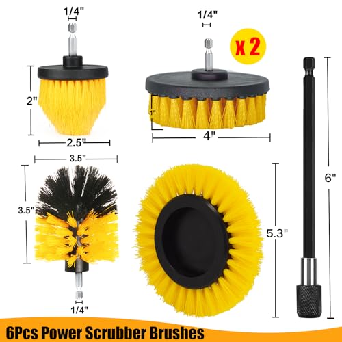 Drill Brush Attachment Set, 6Pcs 1/4in Drill Scrubber Brush with Extend Long Attachment, Power Scrubber Brush Kit for CleaningTub, Sink, Tile, Carpet, Floor, Tile Grout (Yellow)