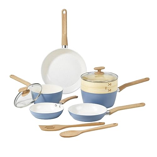 GoodCook 10-Piece Healthy Ceramic Titanium-Infused Cookware Set with Pots, Pans, Steamer, Spoon, and Turner, Nonstick Pots and Pans Set for Kitchen, Light Blue