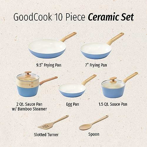 GoodCook 10-Piece Healthy Ceramic Titanium-Infused Cookware Set with Pots, Pans, Steamer, Spoon, and Turner, Nonstick Pots and Pans Set for Kitchen, Light Blue