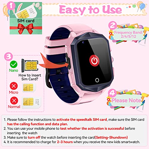 Smart Watch for Kids with SIM Card, 4G Kids GPS Tracker Watch Unlocked, WiFi, SMS,2 Way Call Video & Voice Chat SOS Pedometer, Kids Cell Phone Watch Birthday Gifts for 3-15 Boys Girls (73-Pink)