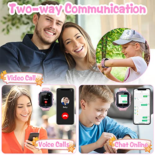 Smart Watch for Kids with SIM Card, 4G Kids GPS Tracker Watch Unlocked, WiFi, SMS,2 Way Call Video & Voice Chat SOS Pedometer, Kids Cell Phone Watch Birthday Gifts for 3-15 Boys Girls (73-Pink)