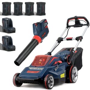 worth garden 84v 20" cordless battery brushless motor self-propelled lawn mower & 500cfm, 125mph leaf blower & 4 2.5ah lithium batteries&2 fast chargers in 40mins