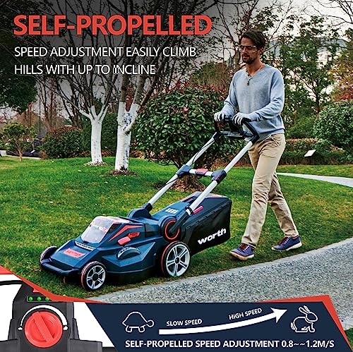 Worth Garden 84V 20" Cordless Battery Brushless Motor Self-propelled Lawn Mower & 500CFM, 125MPH Leaf Blower & 4 2.5AH Lithium Batteries&2 Fast Chargers in 40Mins