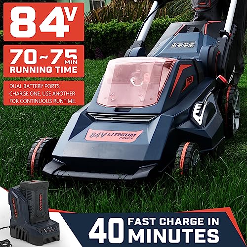 Worth Garden 84V 20" Cordless Battery Brushless Motor Self-propelled Lawn Mower & 500CFM, 125MPH Leaf Blower & 4 2.5AH Lithium Batteries&2 Fast Chargers in 40Mins