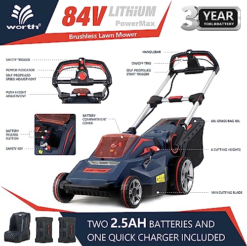 Worth Garden 84V 20" Cordless Battery Brushless Motor Self-propelled Lawn Mower & 500CFM, 125MPH Leaf Blower & 4 2.5AH Lithium Batteries&2 Fast Chargers in 40Mins