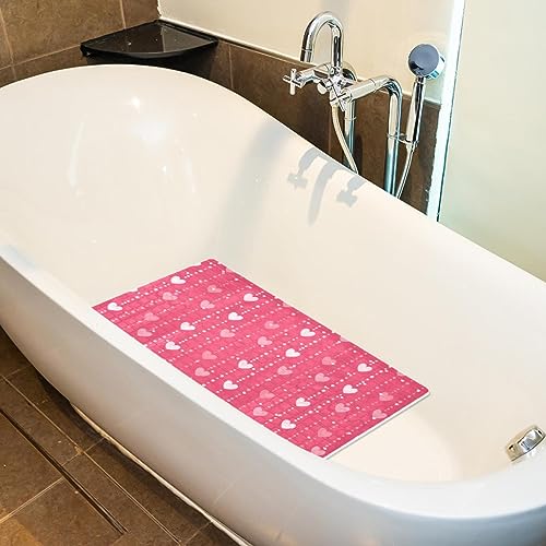 Bath Tub Shower Mat - Anti-Slip PVC Material 15.1x26.8 in, Gentle Cushioning Quick Drying Suction Cups Reliable Solution - Heart Stripe - Pink Non-Slip Floor Mat