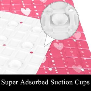 Bath Tub Shower Mat - Anti-Slip PVC Material 15.1x26.8 in, Gentle Cushioning Quick Drying Suction Cups Reliable Solution - Heart Stripe - Pink Non-Slip Floor Mat