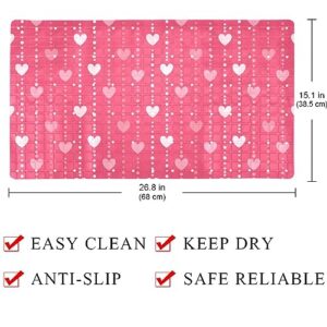 Bath Tub Shower Mat - Anti-Slip PVC Material 15.1x26.8 in, Gentle Cushioning Quick Drying Suction Cups Reliable Solution - Heart Stripe - Pink Non-Slip Floor Mat