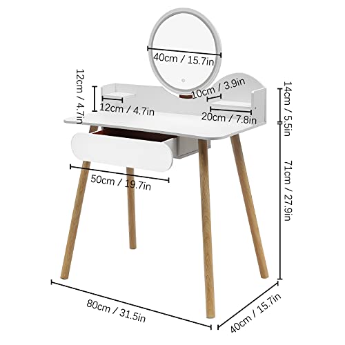 Gdrasuya10 32inch(L) Vanity Desk with Dimming Mirror, White Vanity Table with Drawer Simple Makeup Dressing Table Desk Dresser Desk Table for Girls Women Bedroom