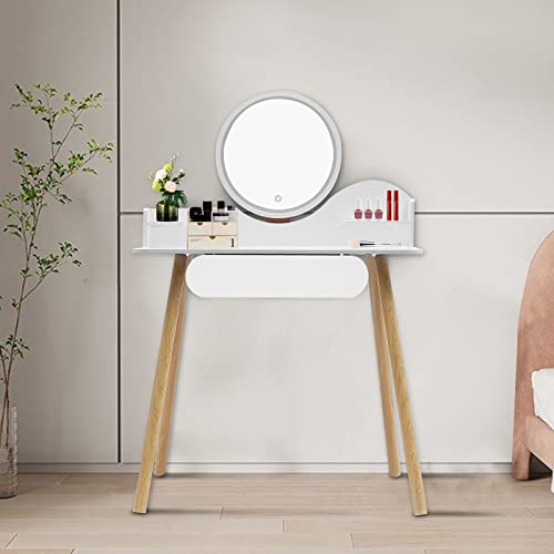 Gdrasuya10 32inch(L) Vanity Desk with Dimming Mirror, White Vanity Table with Drawer Simple Makeup Dressing Table Desk Dresser Desk Table for Girls Women Bedroom